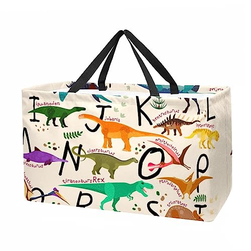 KQNZT Reusable Grocery Bags, Heavy Duty Reusable Shopping Bags, Large Tote Bags with Long Handles and Reinforced Bottom, Dinosaur Cartoon Alphabet