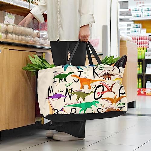 KQNZT Reusable Grocery Bags, Heavy Duty Reusable Shopping Bags, Large Tote Bags with Long Handles and Reinforced Bottom, Dinosaur Cartoon Alphabet