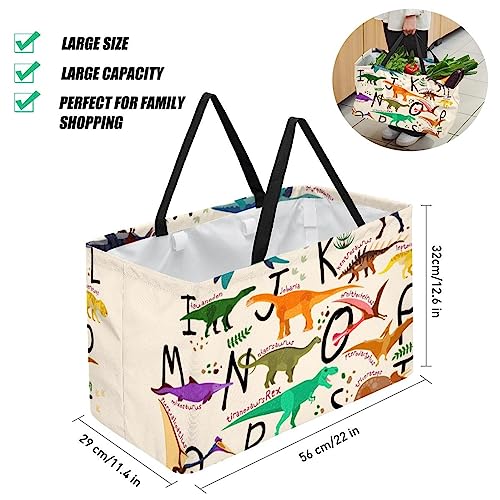 KQNZT Reusable Grocery Bags, Heavy Duty Reusable Shopping Bags, Large Tote Bags with Long Handles and Reinforced Bottom, Dinosaur Cartoon Alphabet