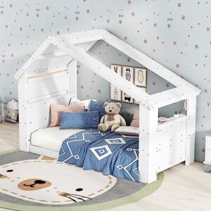 twin floor bed for kids,twin size house bed frame with roof, window and led light design,wood twin montessori floor bed,playhouse bed frame for kids girls boys,white