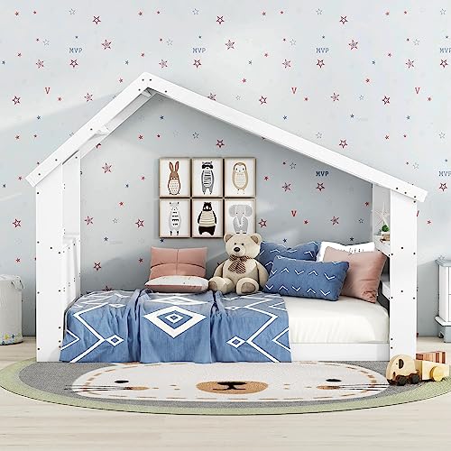 Twin Floor Bed for Kids,Twin Size House Bed Frame with Roof, Window and Led Light Design,Wood Twin Montessori Floor Bed,Playhouse Bed Frame for Kids Girls Boys,White