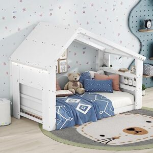 Twin Floor Bed for Kids,Twin Size House Bed Frame with Roof, Window and Led Light Design,Wood Twin Montessori Floor Bed,Playhouse Bed Frame for Kids Girls Boys,White