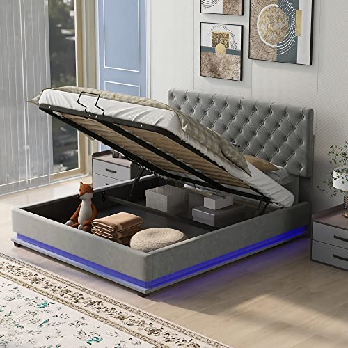 OPTOUGH Queen Size Storage Upholstered Platform Bed Frame with Adjustable Tufted Headboard and LED Light, Gray