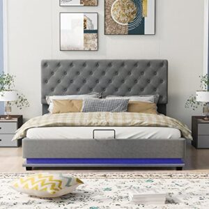 OPTOUGH Queen Size Storage Upholstered Platform Bed Frame with Adjustable Tufted Headboard and LED Light, Gray