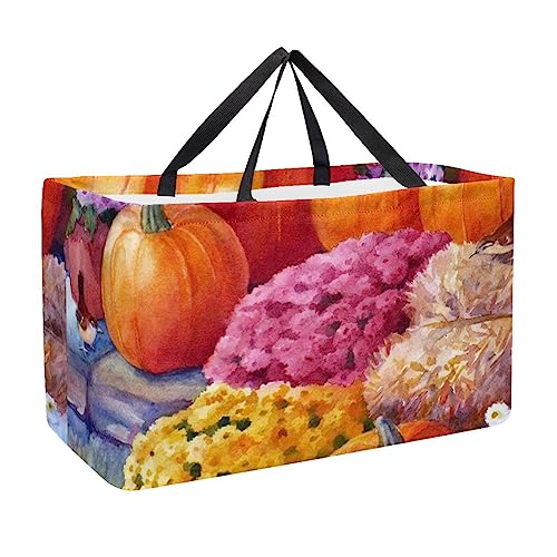 KQNZT Reusable Grocery Bags, Heavy Duty Reusable Shopping Bags, Large Tote Bags with Long Handles and Reinforced Bottom, Retro Garden Pumpkin Bird Fall