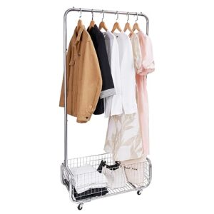 iamfan clothes rack heavy duty,rolling clothes racks for hanging clothes,portable metal clothing rack,garment racks with wheels,wardrobe rack(chrome, medium)