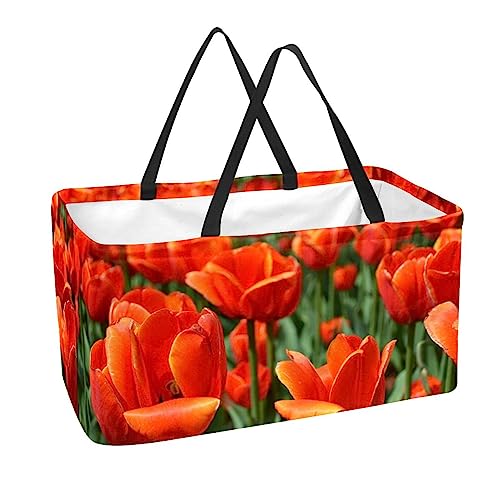 KQNZT Reusable Grocery Bags, Large Foldable Reusable Shopping Tote Bags Bulk for Groceries, Waterproof Kitchen Cloth Produce Bags with Long Handles, Red Tulip Spring