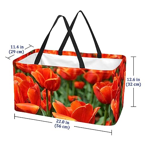 KQNZT Reusable Grocery Bags, Large Foldable Reusable Shopping Tote Bags Bulk for Groceries, Waterproof Kitchen Cloth Produce Bags with Long Handles, Red Tulip Spring