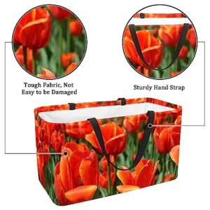 KQNZT Reusable Grocery Bags, Large Foldable Reusable Shopping Tote Bags Bulk for Groceries, Waterproof Kitchen Cloth Produce Bags with Long Handles, Red Tulip Spring