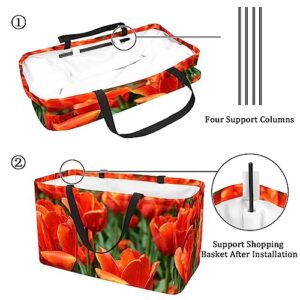 KQNZT Reusable Grocery Bags, Large Foldable Reusable Shopping Tote Bags Bulk for Groceries, Waterproof Kitchen Cloth Produce Bags with Long Handles, Red Tulip Spring