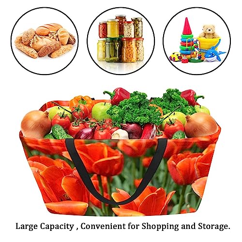 KQNZT Reusable Grocery Bags, Large Foldable Reusable Shopping Tote Bags Bulk for Groceries, Waterproof Kitchen Cloth Produce Bags with Long Handles, Red Tulip Spring