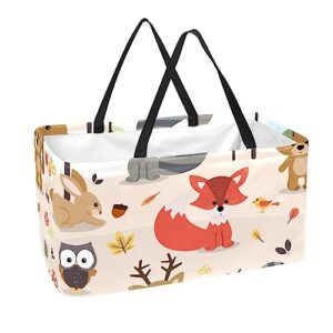 kqnzt reusable grocery bags, large foldable reusable shopping tote bags bulk for groceries, waterproof kitchen cloth produce bags with long handles, fox elk bear cartoon animal