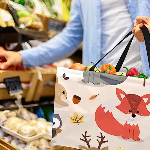 KQNZT Reusable Grocery Bags, Large Foldable Reusable Shopping Tote Bags Bulk for Groceries, Waterproof Kitchen Cloth Produce Bags with Long Handles, Fox Elk Bear Cartoon Animal