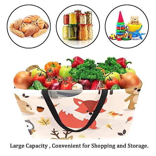 KQNZT Reusable Grocery Bags, Large Foldable Reusable Shopping Tote Bags Bulk for Groceries, Waterproof Kitchen Cloth Produce Bags with Long Handles, Fox Elk Bear Cartoon Animal