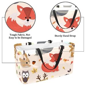 KQNZT Reusable Grocery Bags, Large Foldable Reusable Shopping Tote Bags Bulk for Groceries, Waterproof Kitchen Cloth Produce Bags with Long Handles, Fox Elk Bear Cartoon Animal