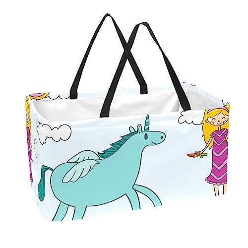 KQNZT Reusable Grocery Bags, Large Foldable Reusable Shopping Tote Bags Bulk for Groceries, Waterproof Kitchen Cloth Produce Bags with Long Handles, Unicorn Cartoon Girl