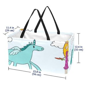 KQNZT Reusable Grocery Bags, Large Foldable Reusable Shopping Tote Bags Bulk for Groceries, Waterproof Kitchen Cloth Produce Bags with Long Handles, Unicorn Cartoon Girl