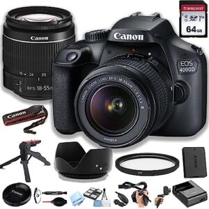 canon 4000d(eos rebel t100) dslr camera w/ef-s 18-55mm f/3.5-5.6 zoom lens + 64gb memory card, hood, grip-pod, filter, professional photo bundle(22pc) (renewed)