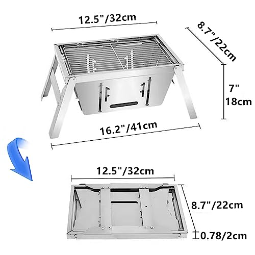 Aumfky Folding Charcoal Grill, Stainless Steel Portable BBQ Grill, Outdoor Small Barbecue Grill for Camping Hiking Picnics Traveling 12.5''x8.7''x7''