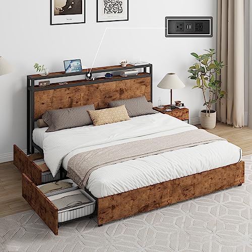 AMERLIFE King Size Storage Bed Frame, Wooden Platform Bed with Charging Station, 4 Drawers & Headboard/No Box Spring Needed/Noise-Free/Dark Brown