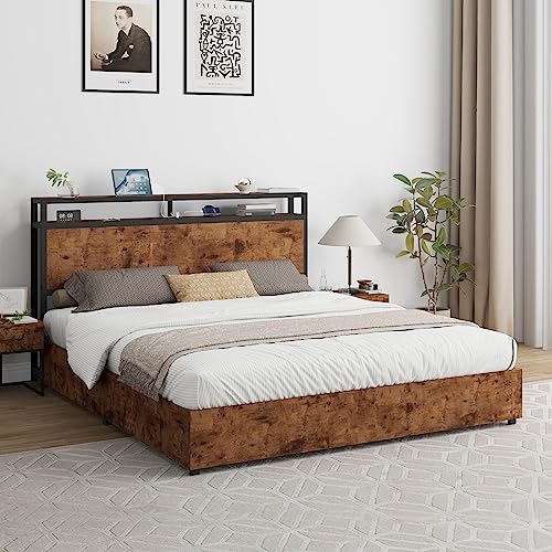 AMERLIFE King Size Storage Bed Frame, Wooden Platform Bed with Charging Station, 4 Drawers & Headboard/No Box Spring Needed/Noise-Free/Dark Brown