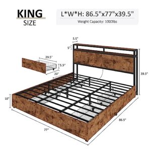 AMERLIFE King Size Storage Bed Frame, Wooden Platform Bed with Charging Station, 4 Drawers & Headboard/No Box Spring Needed/Noise-Free/Dark Brown