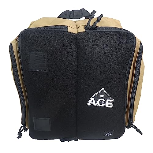 Tan Cornhole Backpack with ACE Patch - Holds Up to Six Cornhole Bag Sets (Up to 24 Bags) - Includes 2 Side Pockets, 2 Phone Holders, 2 Straps, Headphone Passthrough Ports