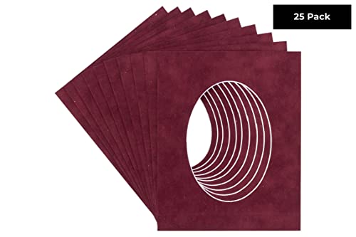 12x16 Mat Bevel Cut for 11x13.5 Photos - Precut Dark Red Suede Oval Shaped Photo Mat Board Opening - Acid Free Matte to Protect Your Pictures - Bevel Cut for Family Photos, Pack of 25 Matboards Show