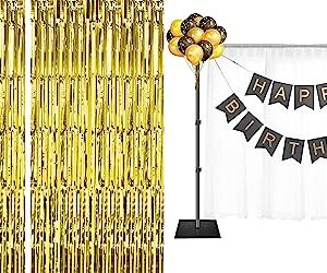 EMART 6.5x10ft Adjustable Photo Backdrop Pipe and Drape Stand Kit with 2 Pack 3.2 ft x 9.8 ft Gold Tinsel Backdrop for Wedding Birthday Christmas Party