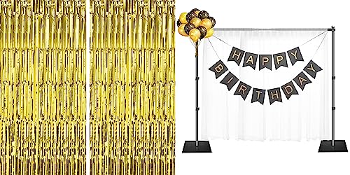 EMART 6.5x10ft Adjustable Photo Backdrop Pipe and Drape Stand Kit with 2 Pack 3.2 ft x 9.8 ft Gold Tinsel Backdrop for Wedding Birthday Christmas Party