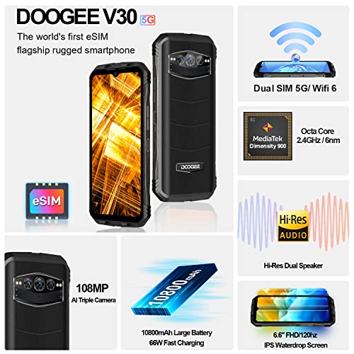 DOOGEE V30 Rugged Smartphone(2023), eSIM Dual 5G 15GB+256GB Rugged Phone Unlocked, 6.6" FHD+ /120Hz Rugged Cell Phone, Dual Hi-Res Speakers, Android 12, 108MP Triple Camera, Night Vision, NFC, OTG