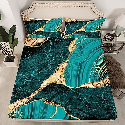 Erosebridal Gold Blue Marble Fitted Sheet Full, Marbling Crack Print Bed Sheets for Adults Man, Abstract Metallic Texture Sheets, Luxury Shinny Room Decor Boho Hippie Fluid Bedding Set