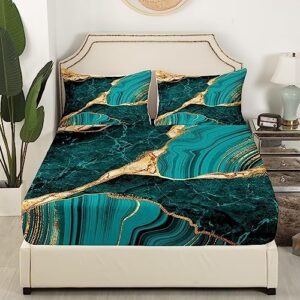 Erosebridal Gold Blue Marble Fitted Sheet Full, Marbling Crack Print Bed Sheets for Adults Man, Abstract Metallic Texture Sheets, Luxury Shinny Room Decor Boho Hippie Fluid Bedding Set