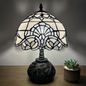 Enjoy Tiffany Style Table Lamp White Baroque Style Lavender Stained Glass Included LED Bulb Vintage for Living Room Dining Room Bedroom Bedside Office Hotel H14*W10 in