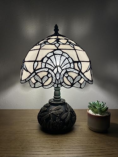 Enjoy Tiffany Style Table Lamp White Baroque Style Lavender Stained Glass Included LED Bulb Vintage for Living Room Dining Room Bedroom Bedside Office Hotel H14*W10 in