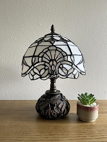 Enjoy Tiffany Style Table Lamp White Baroque Style Lavender Stained Glass Included LED Bulb Vintage for Living Room Dining Room Bedroom Bedside Office Hotel H14*W10 in