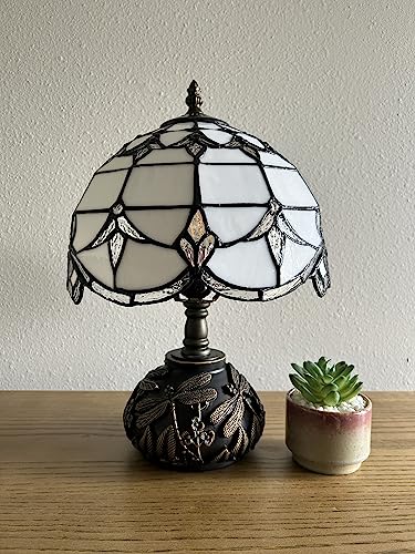 Enjoy Tiffany Style Table Lamp White Baroque Style Lavender Stained Glass Included LED Bulb Vintage for Living Room Dining Room Bedroom Bedside Office Hotel H14*W10 in