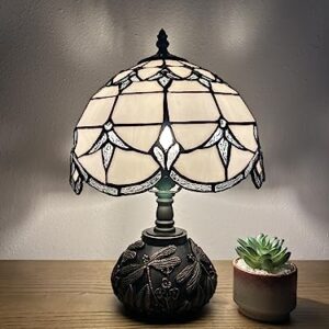 Enjoy Tiffany Style Table Lamp White Baroque Style Lavender Stained Glass Included LED Bulb Vintage for Living Room Dining Room Bedroom Bedside Office Hotel H14*W10 in