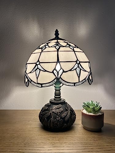 Enjoy Tiffany Style Table Lamp White Baroque Style Lavender Stained Glass Included LED Bulb Vintage for Living Room Dining Room Bedroom Bedside Office Hotel H14*W10 in