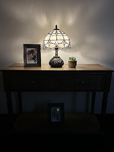 Enjoy Tiffany Style Table Lamp White Baroque Style Lavender Stained Glass Included LED Bulb Vintage for Living Room Dining Room Bedroom Bedside Office Hotel H14*W10 in