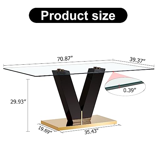 Modern Glass Dining Table for 8, Rectangle Glass Dining Room Table with Large Tempered Glass Tabletop & V Shaped Wood Frame, Golden Pedestal Base, 70.87" Glass Top Dining Table for Dining Room Kitchen