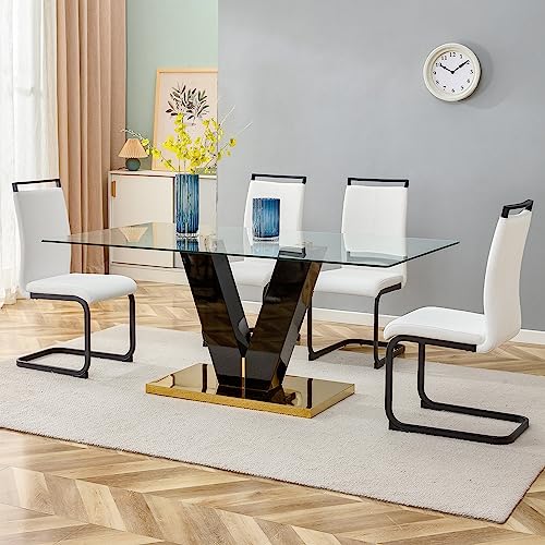 Modern Glass Dining Table for 8, Rectangle Glass Dining Room Table with Large Tempered Glass Tabletop & V Shaped Wood Frame, Golden Pedestal Base, 70.87" Glass Top Dining Table for Dining Room Kitchen