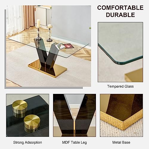 Modern Glass Dining Table for 8, Rectangle Glass Dining Room Table with Large Tempered Glass Tabletop & V Shaped Wood Frame, Golden Pedestal Base, 70.87" Glass Top Dining Table for Dining Room Kitchen