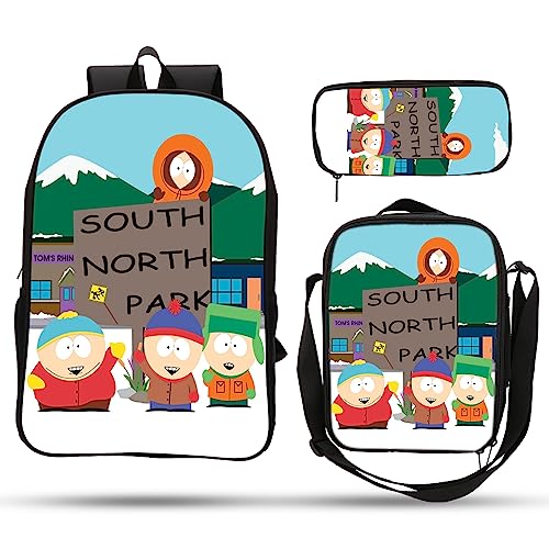 Lesome 3-Piece School Backpack,South North Park Backpack Boys Girls School Bag Back to School Supplies with Lunch Box and Pencil Case