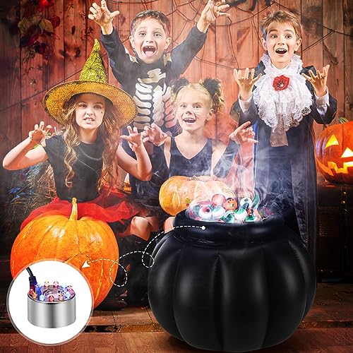 Jenaai 22" Inflatable Halloween Black Cauldron Pot with LED Mister Fogger Maker Changing Light Witches Cauldron Candy Bucket Beverage Bowl for Party Trick or Treat Halloween Decor