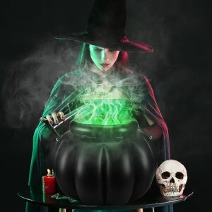 Jenaai 22" Inflatable Halloween Black Cauldron Pot with LED Mister Fogger Maker Changing Light Witches Cauldron Candy Bucket Beverage Bowl for Party Trick or Treat Halloween Decor