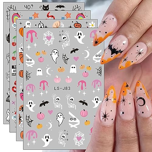 JMEOWIO 8 Sheets Halloween Nail Art Stickers Decals Self-Adhesive Pegatinas Uñas Pink Skull Cute Horror Ghost Spider Web Bat Pumpkin Spook Nail Supplies Nail Art Design Decoration Accessories