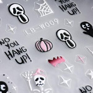 JMEOWIO 8 Sheets Halloween Nail Art Stickers Decals Self-Adhesive Pegatinas Uñas Pink Skull Cute Horror Ghost Spider Web Bat Pumpkin Spook Nail Supplies Nail Art Design Decoration Accessories