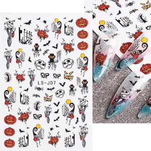 JMEOWIO 8 Sheets Halloween Nail Art Stickers Decals Self-Adhesive Pegatinas Uñas Pink Skull Cute Horror Ghost Spider Web Bat Pumpkin Spook Nail Supplies Nail Art Design Decoration Accessories