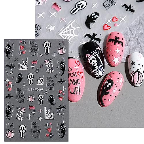 JMEOWIO 8 Sheets Halloween Nail Art Stickers Decals Self-Adhesive Pegatinas Uñas Pink Skull Cute Horror Ghost Spider Web Bat Pumpkin Spook Nail Supplies Nail Art Design Decoration Accessories